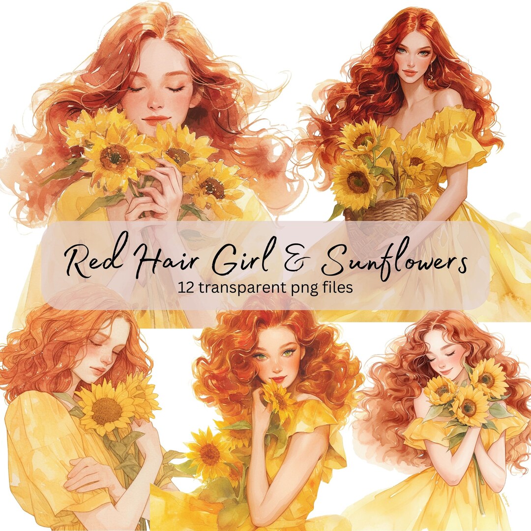 Red Hair Girl and Sunflowers Watercolor Clipart Bundle, Transparent PNG ...