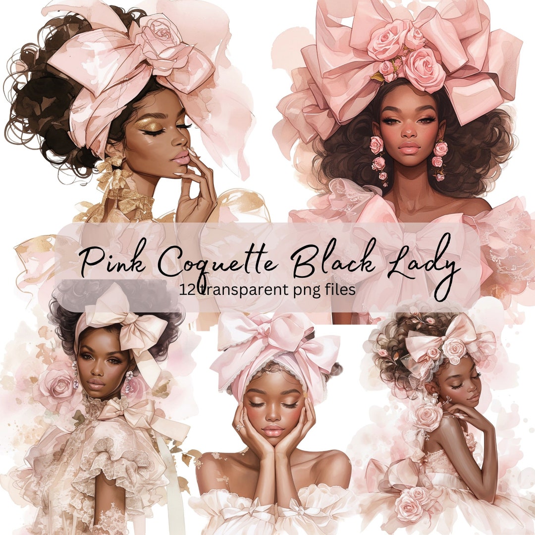 Pink Bow Coquette Black Lady Watercolor Clipart Bundle, Transparent PNG ...