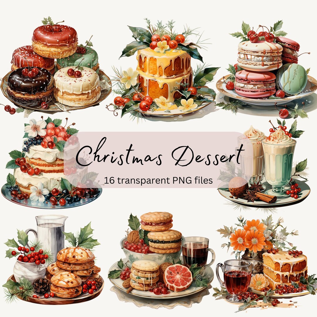 Christmas Dessert Clipart Watercolor Bundle, Transparent PNG, Holiday ...