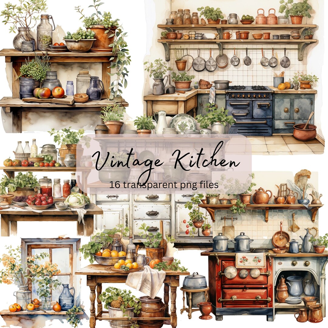 Vintage Kitchen Watercolor Clipart Bundle, Transparent PNG, Digital ...