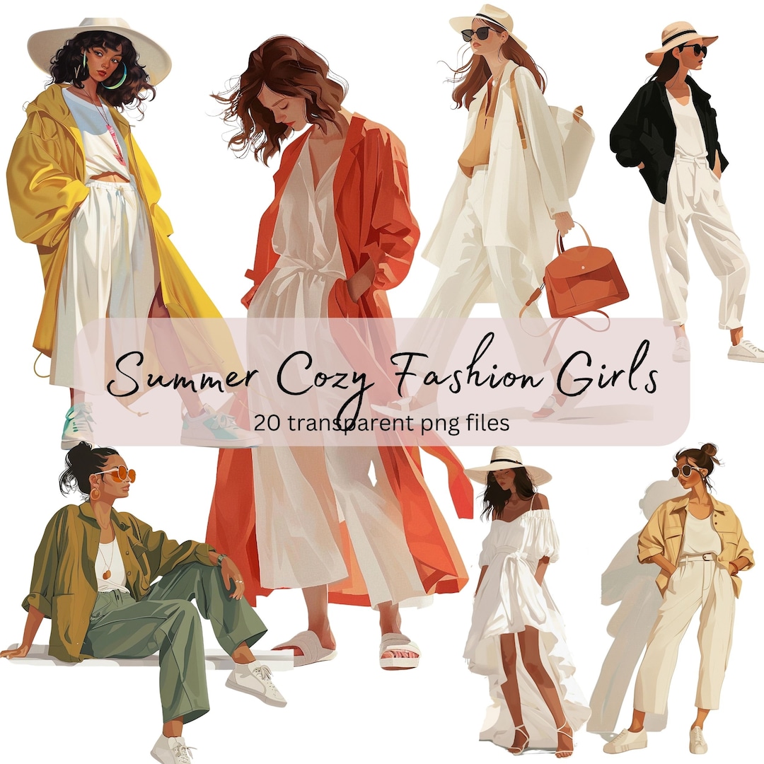 Summer Cozy Fashion Girls Watercolor Clipart Bundle, Transparent PNG ...