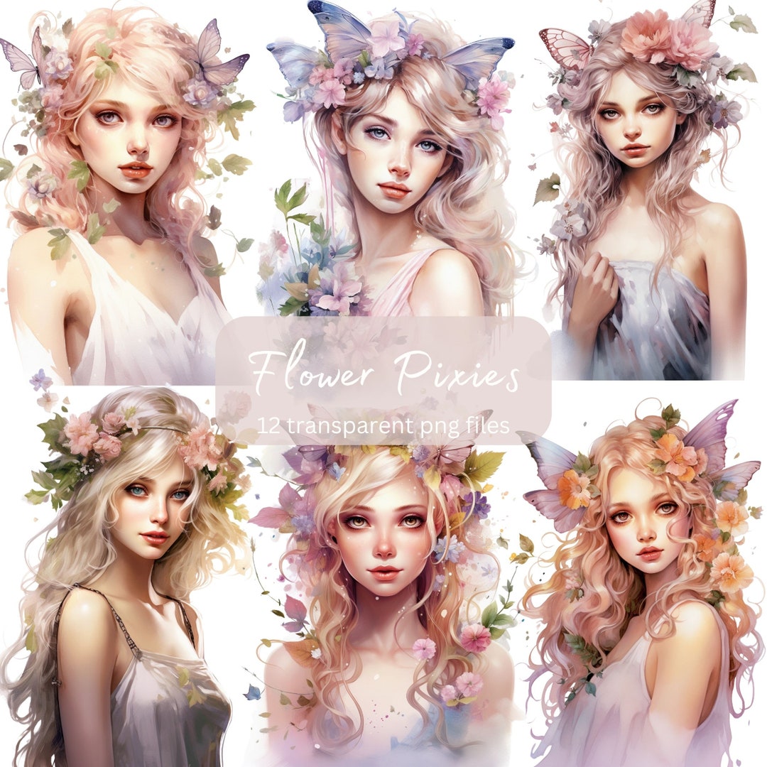 Flower Pixies Watercolor Clipart Bundle, Transparent PNG, Pretty Girls Clipart, Fantasy ...