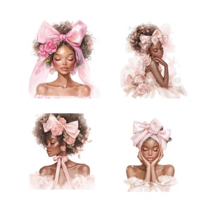Pink Bow Coquette Black Lady Watercolor Clipart Bundle, Transparent PNG ...