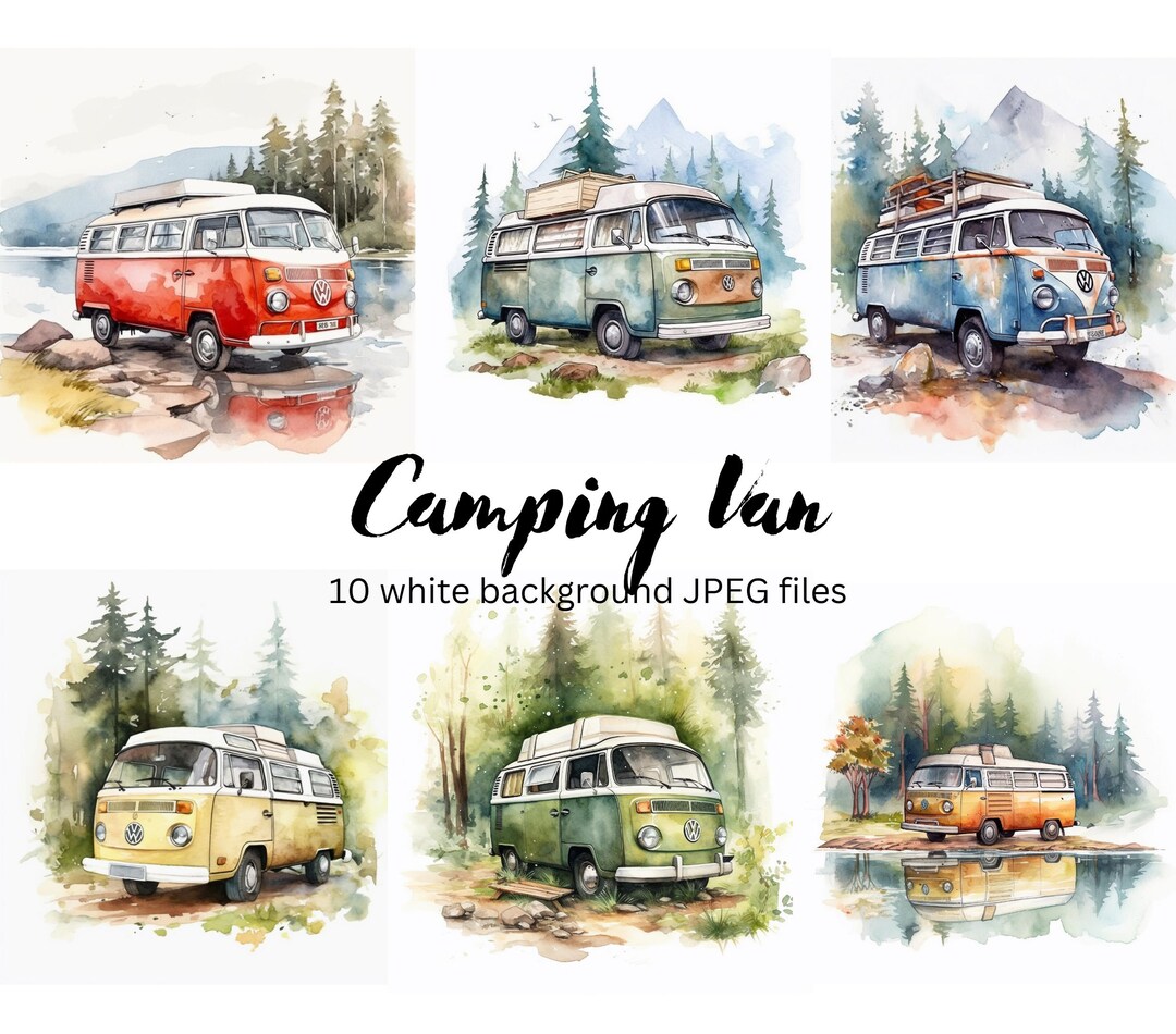 Watercolor Camping Van Clipart Bundle, High Quality Jpegs, Travel ...