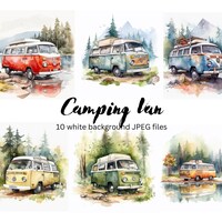 Retro Summer, Camper Van and Surfboards, Digital Printable Clipart ...