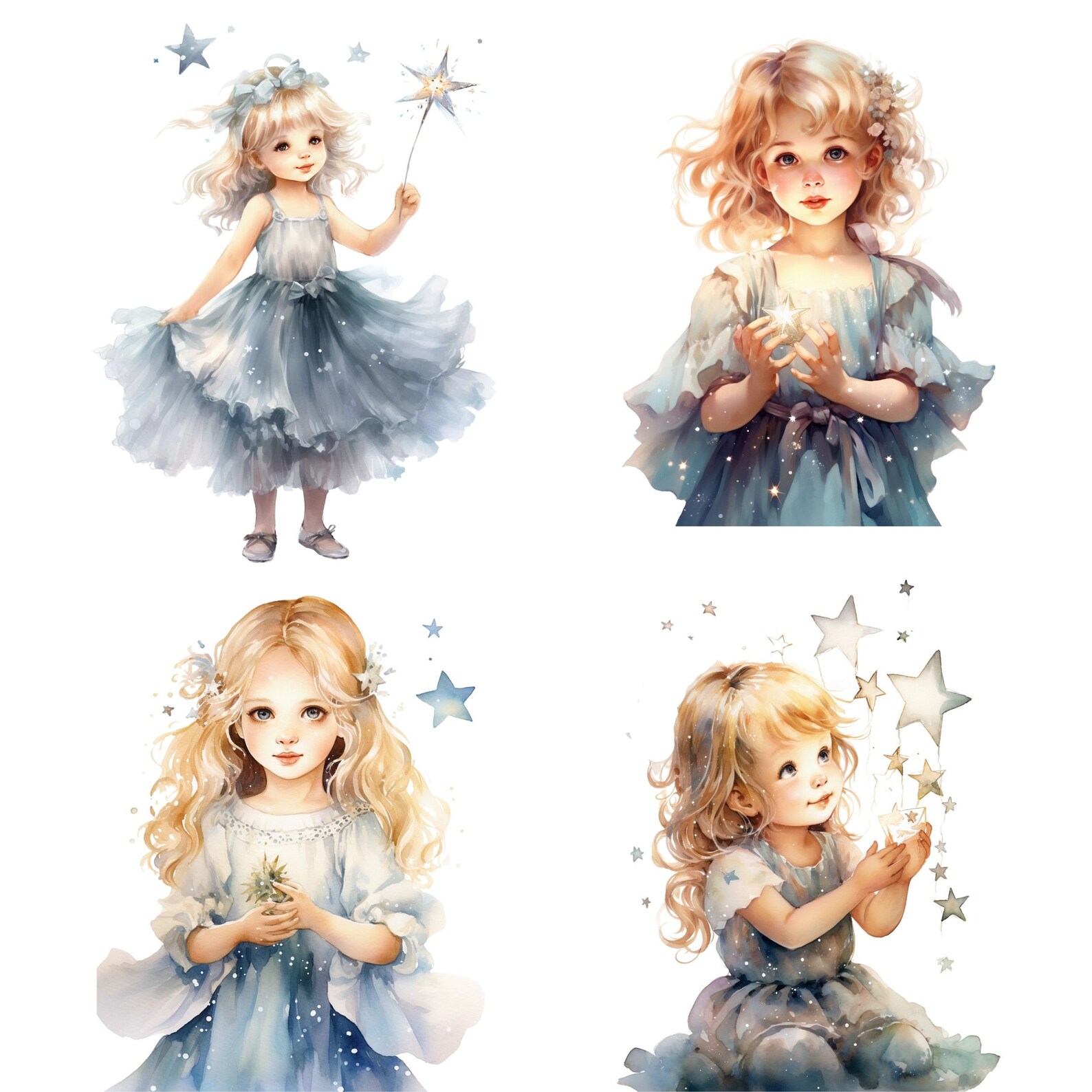 Little Girl Twinkle Stars Watercolor Clipart Bundle, Transparent PNG ...