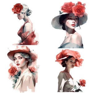 Red Rose Girls Watercolor Clipart Bundle, Princess Fantasy PNG ...