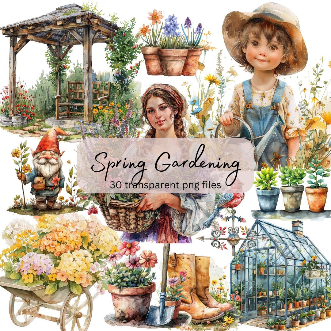 Spring Gardening Watercolor Clipart, Transparent PNG, Digital Download ...