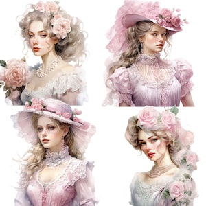 Victorian Lady Pink Rose Watercolor Clipart Bundle, Transparent PNG ...