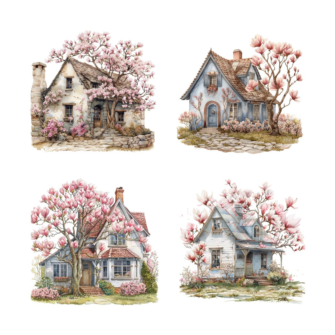 Magnolia Tree House Watercolor Clipart Bundle, Transparent PNG ...
