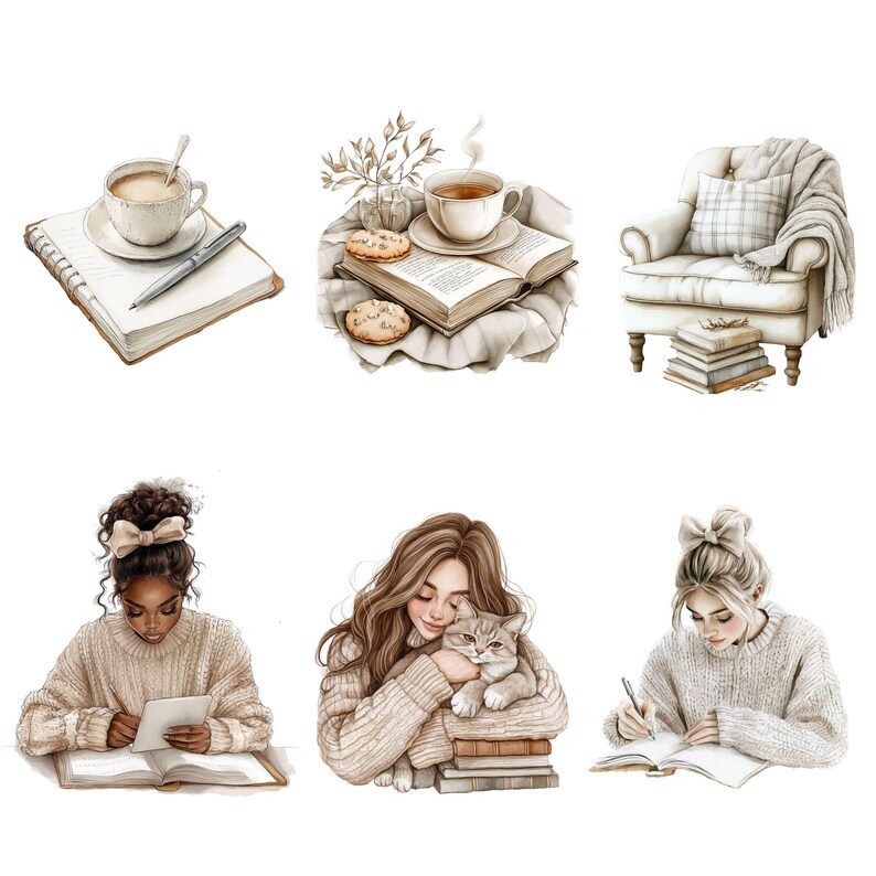 Fall Cozy Reading Watercolor Clipart, Cottagecore Bookworm, Transparent ...