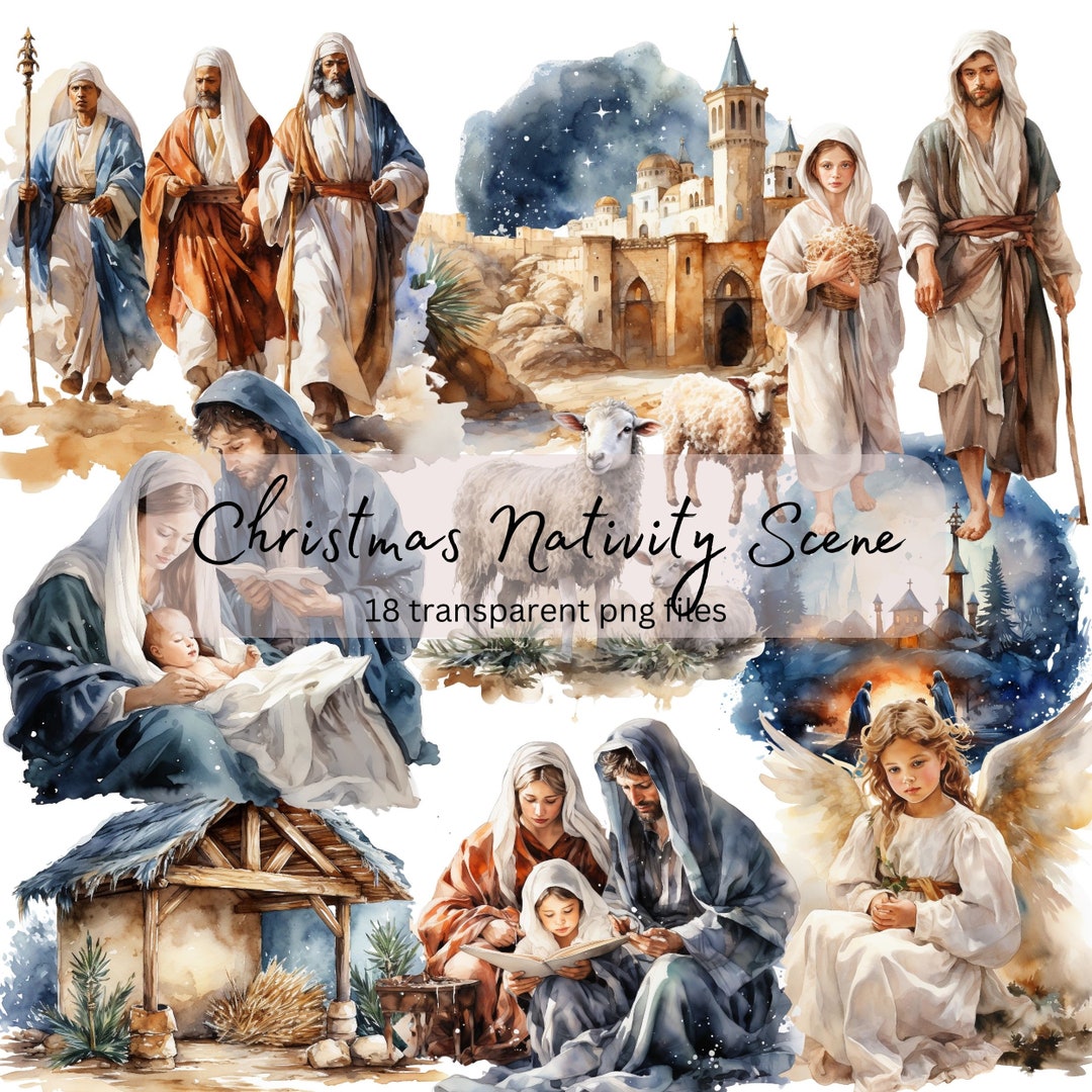 Nativity Scene Clipart Watercolor Bundle, Transparent PNG, Christmas ...