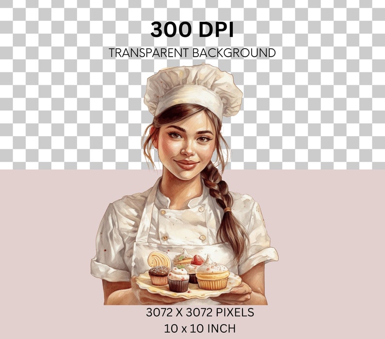 Pastry Chef Girls Watercolor Clipart Bundle Transparent PNG - Etsy