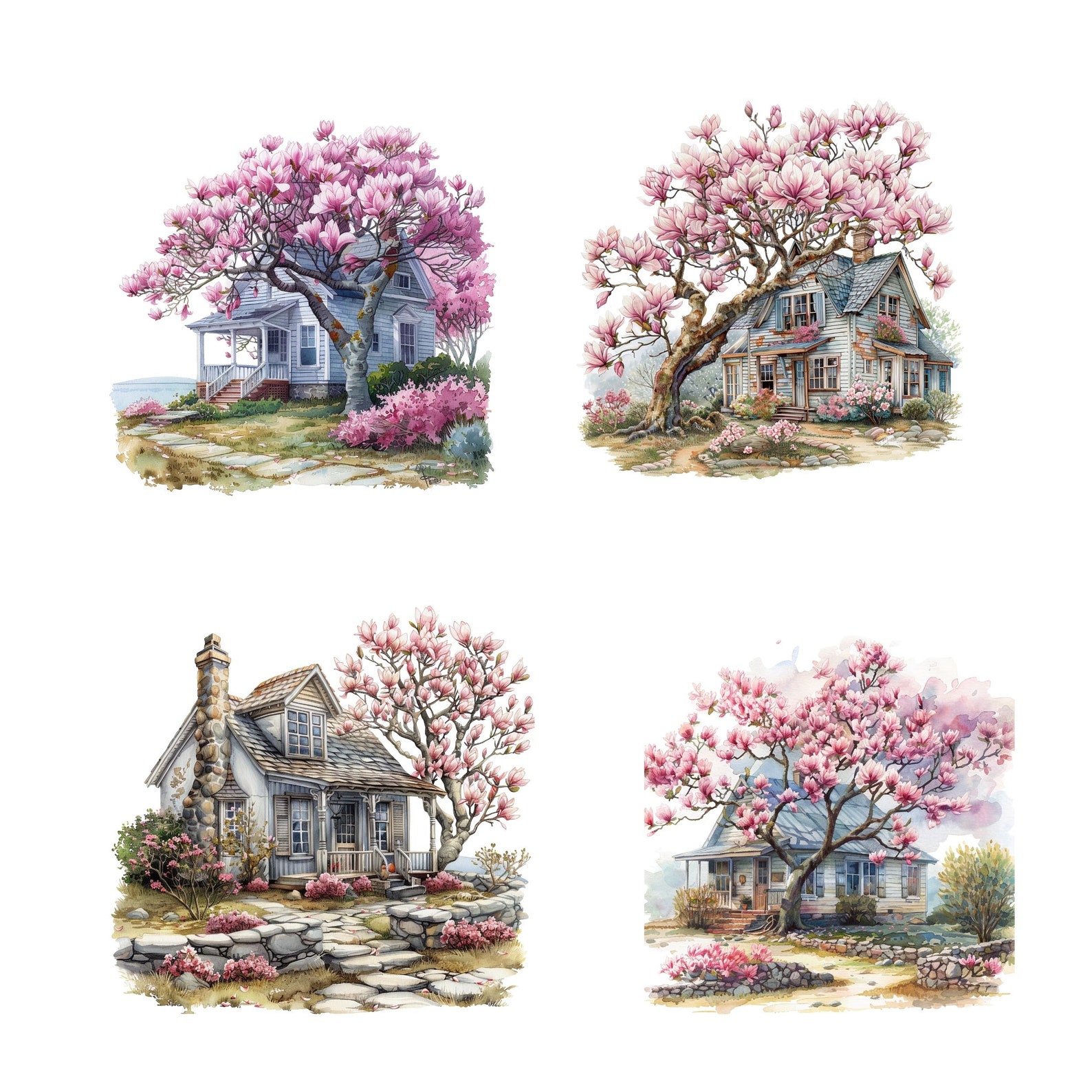 Magnolia Tree House Watercolor Clipart Bundle, Transparent PNG ...