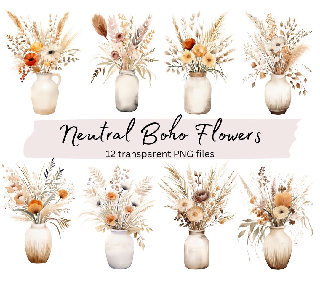 Neutral Boho Flowers Watercolor Clipart Bundle, Transparent PNG ...