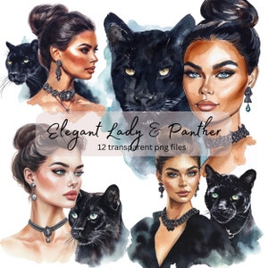 Elegant Lady and Panther Watercolor Clipart Bundle, Transparent PNG ...