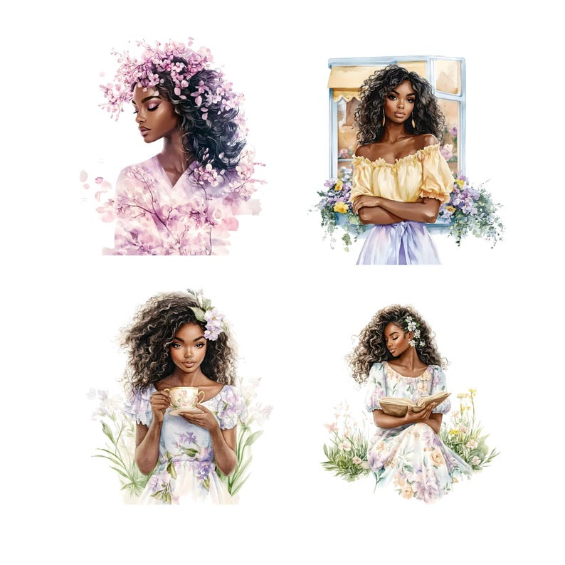 Spring Cottage Black Girls Watercolor Clipart Bundle, Transparent PNG ...