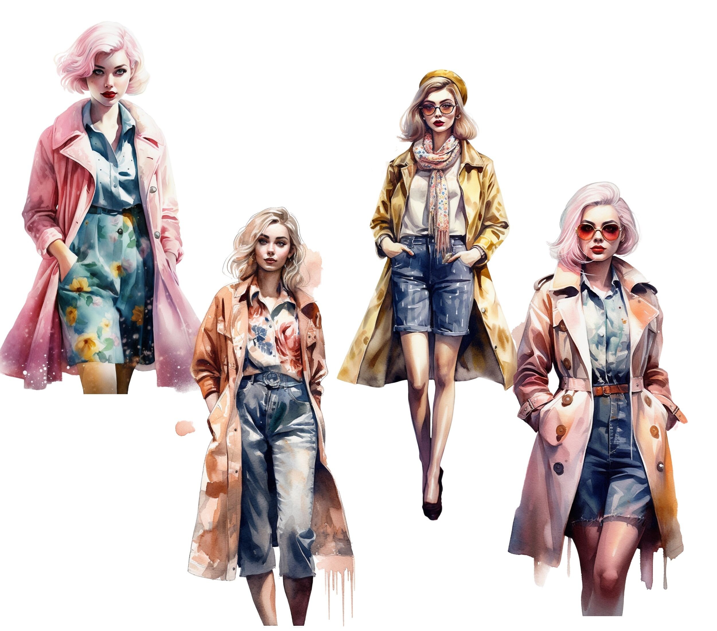 Retro Fashion Girl Watercolor Clipart Bundle, Transparent Png,digital ...