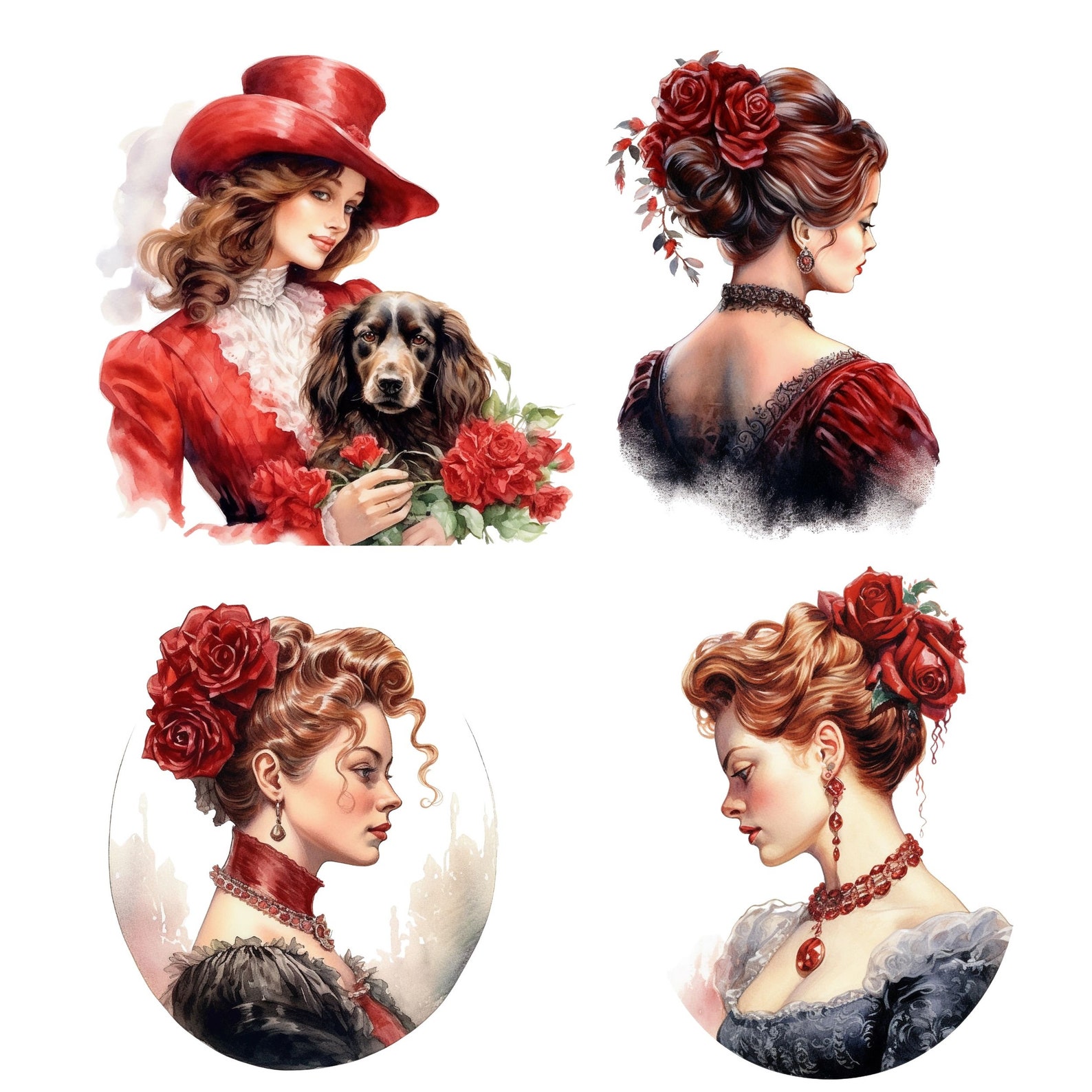 Victorian Lady Red Rose Watercolor Clipart Bundle, Transparent PNG ...