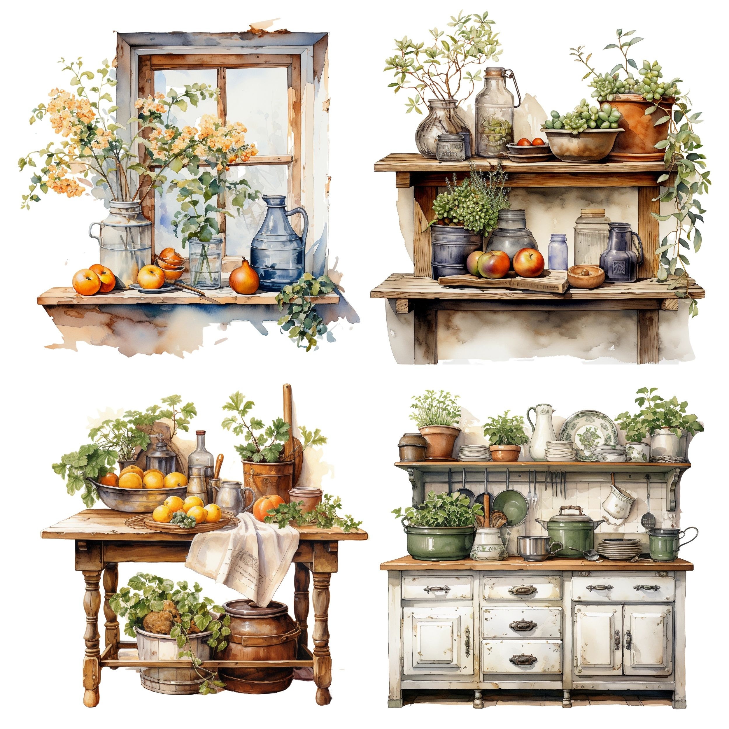 Vintage Kitchen Watercolor Clipart Bundle, Transparent PNG, Digital ...