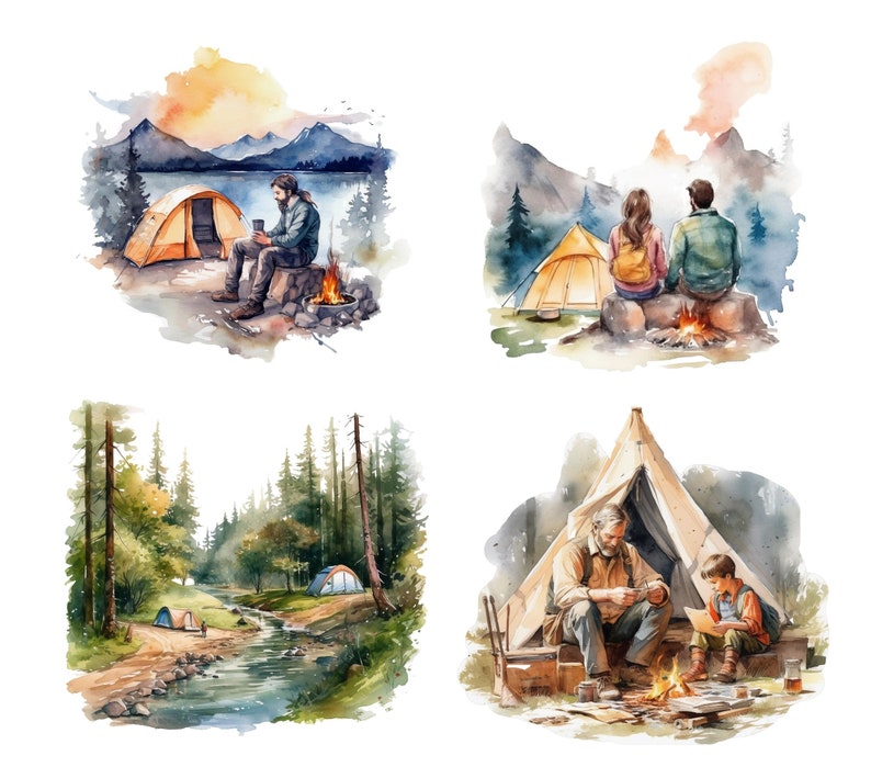 Summer Camping Watercolor Clipart Bundle Transparent PNG - Etsy