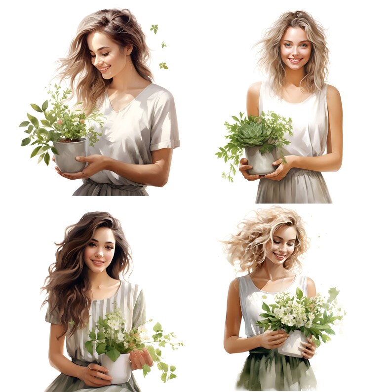 Plant Lover Watercolor Clipart Bundle, Transparent PNG, Spring Girl ...