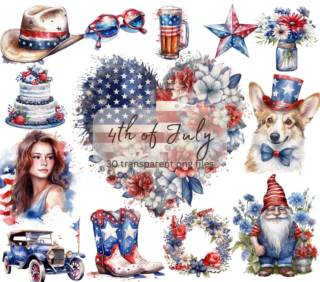 4th of July Watercolor Clipart Bundle, Transparent PNG, Digital ...