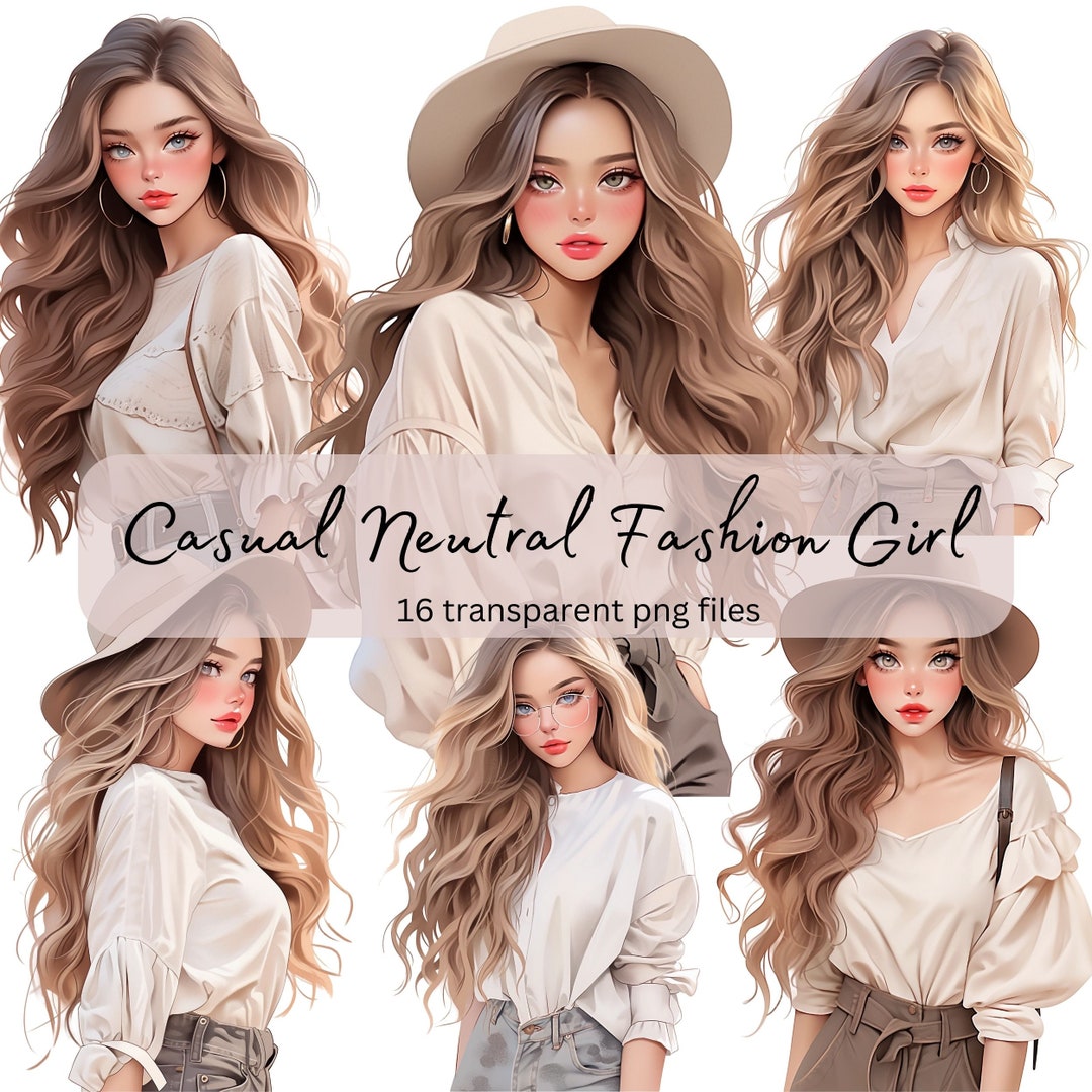 Casual Fashion Girl Watercolor Clipart Bundle, Transparent PNG, Digital ...