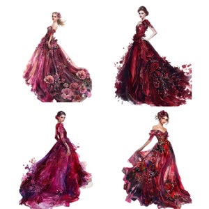 Girl in Red Dress Watercolor Clipart Bundle, Transparent PNG, Digital ...