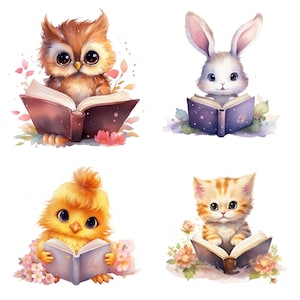 Cute Animals Reading Book Watercolor Clipart, Transparent PNG, Digital ...
