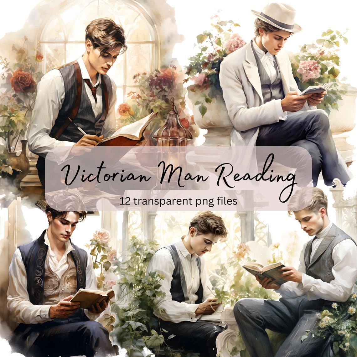 Victorian Man Reading Vintage Watercolor Clipart Bundle,transparent PNG ...