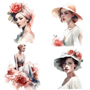 Red Rose Girls Watercolor Clipart Bundle, Princess Fantasy PNG ...
