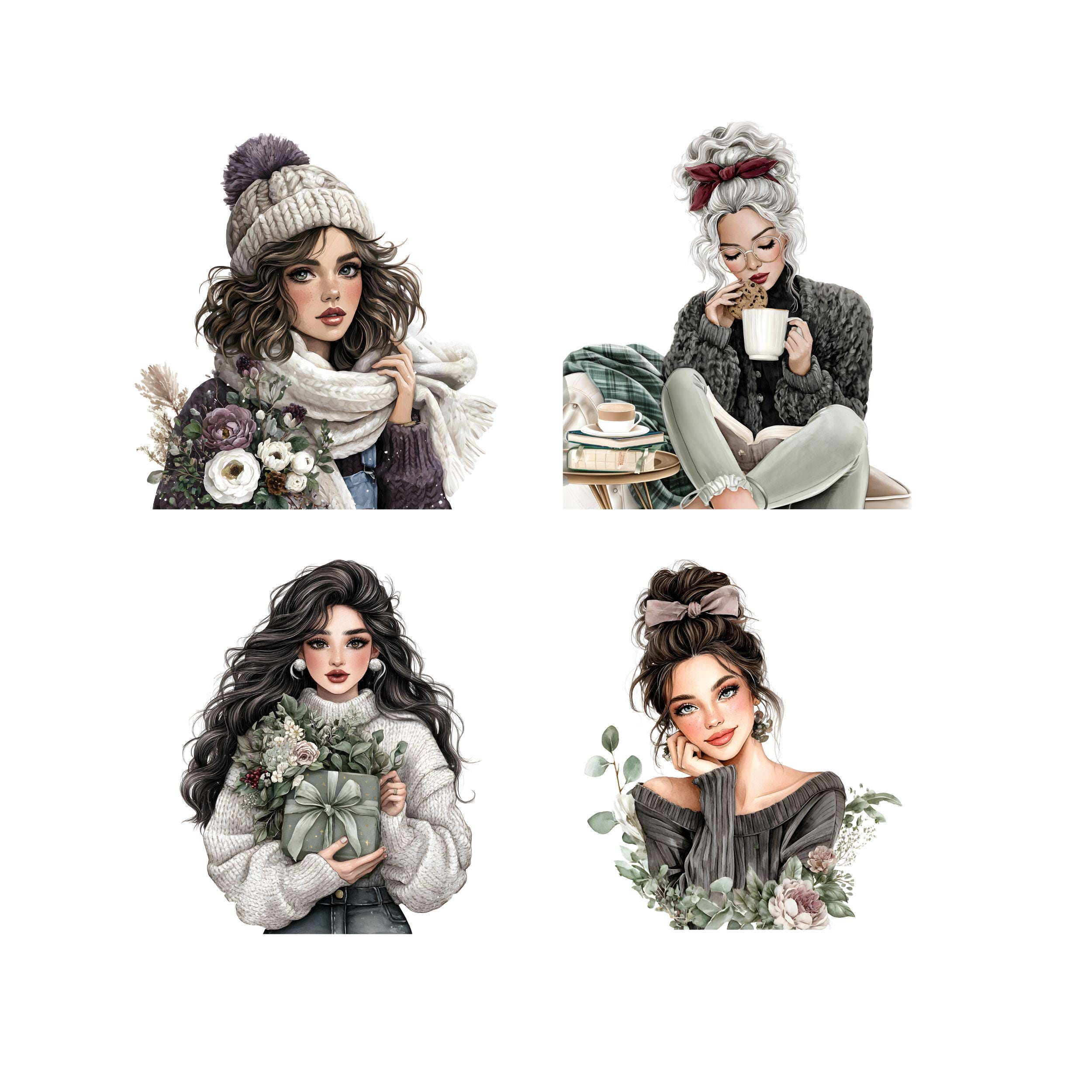 Winter Cozy Girls Watercolor Clipart Bundle, Transparent PNG, Digital ...