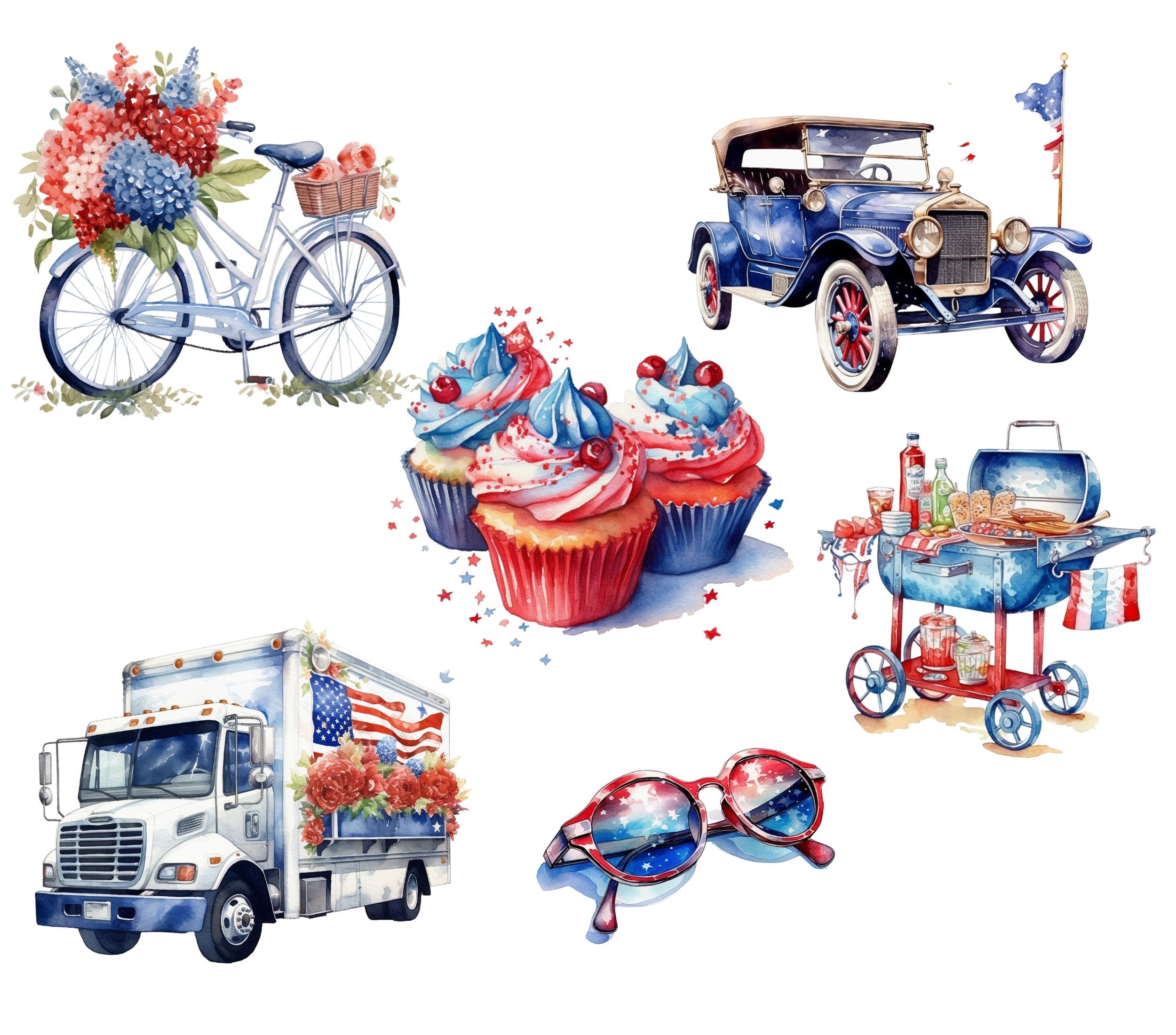 4th of July Watercolor Clipart Bundle, Transparent PNG, Digital ...