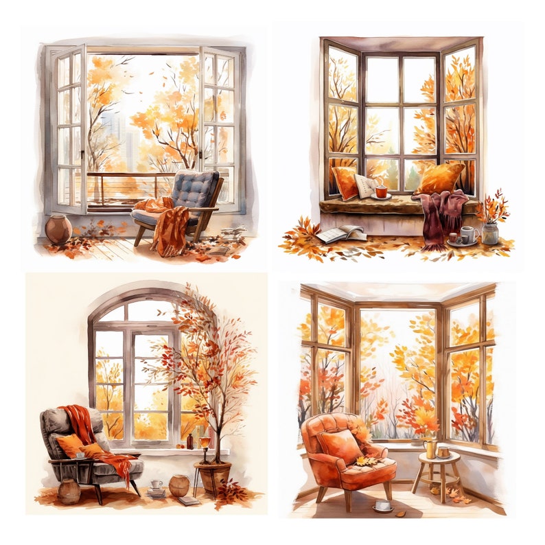 Cozy Fall Window Clipart Bundle, Autumn Home Wall Art, High Res Jpegs ...