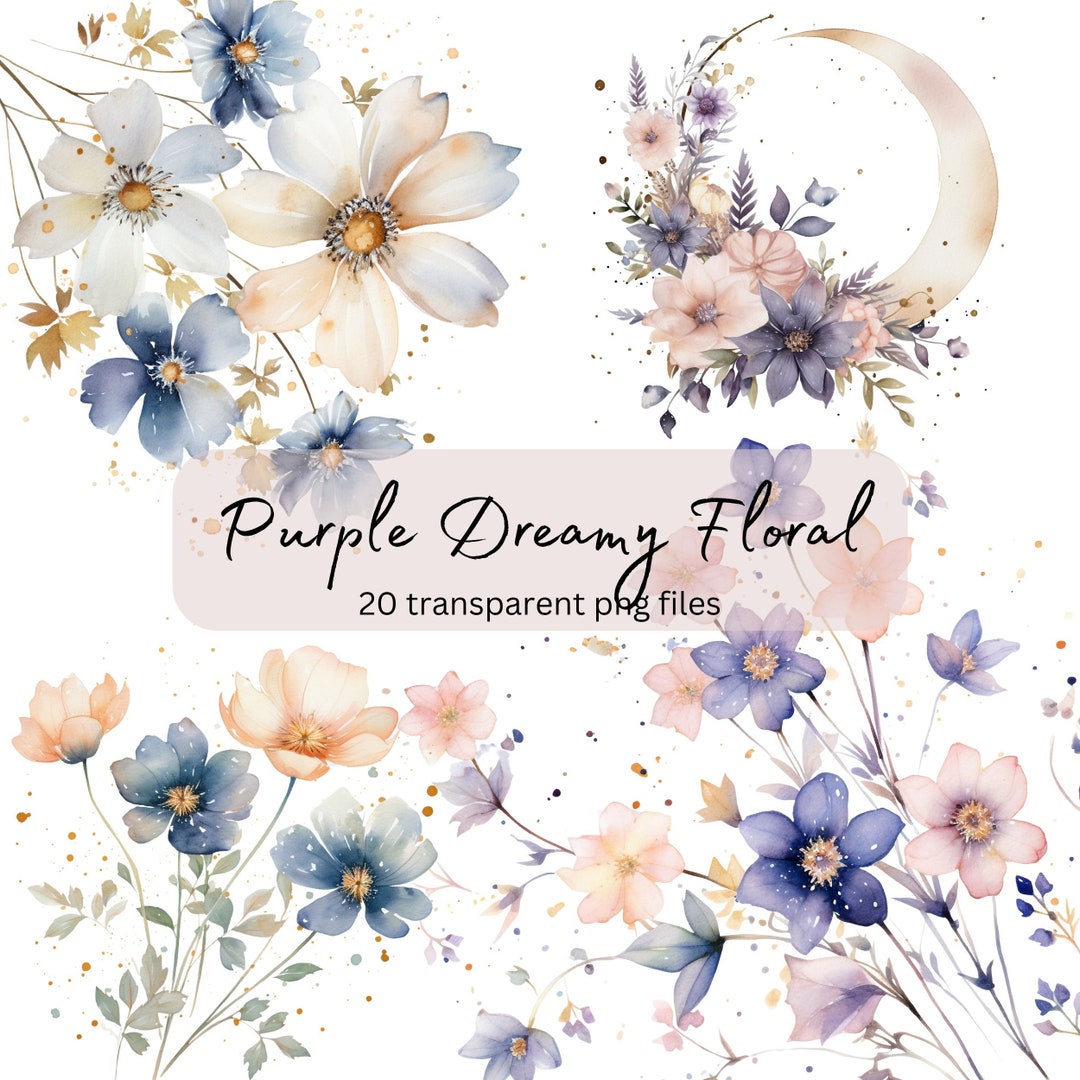 Purple Floral Watercolor Clipart Bundle, Transparent PNG, Digital ...