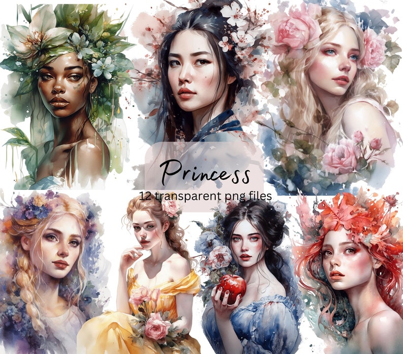 Princess Watercolor Clipart Bundle Transparent PNG Pretty - Etsy