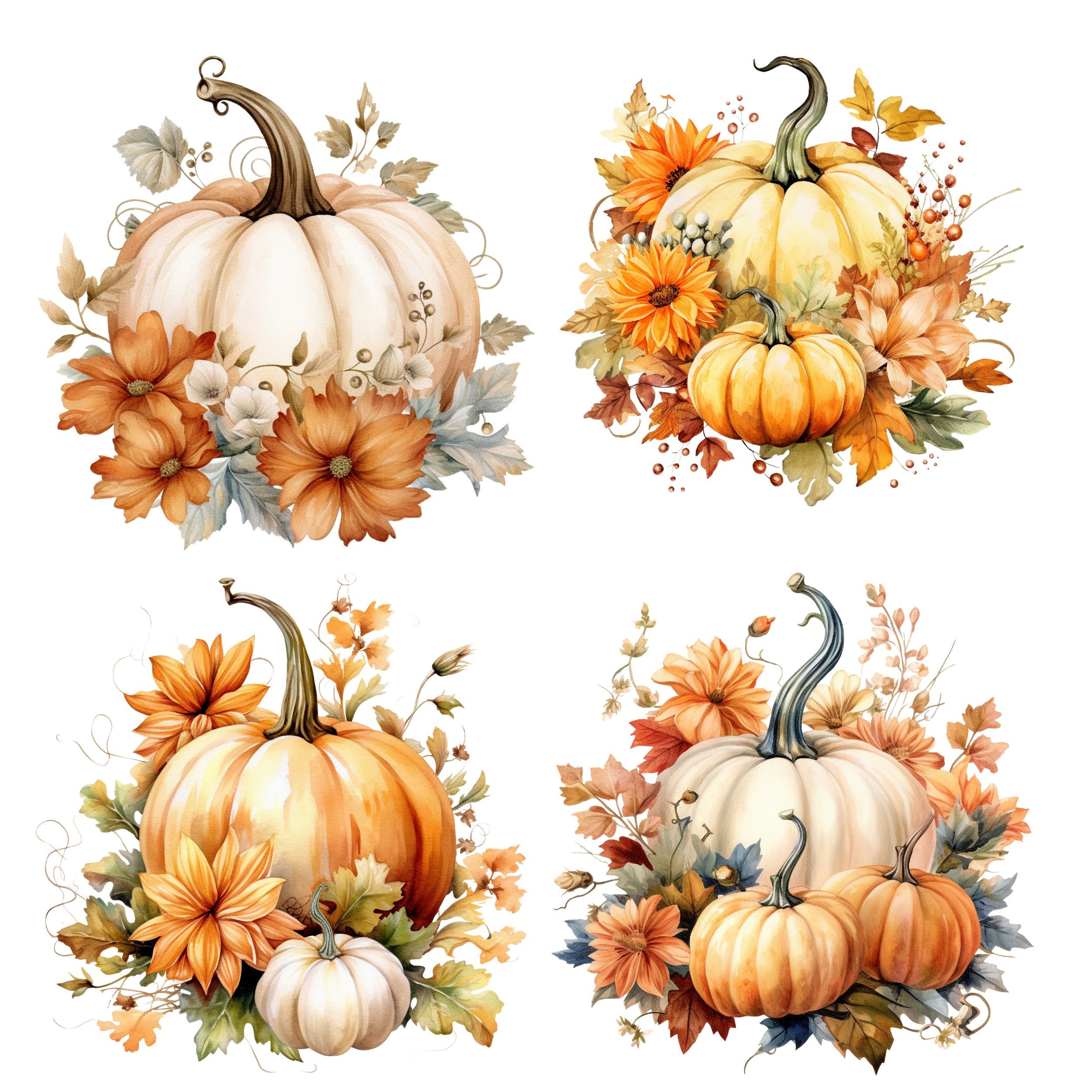 Autumn Pumpkins Watercolor Clipart Bundle, Transparent PNG, Digital ...