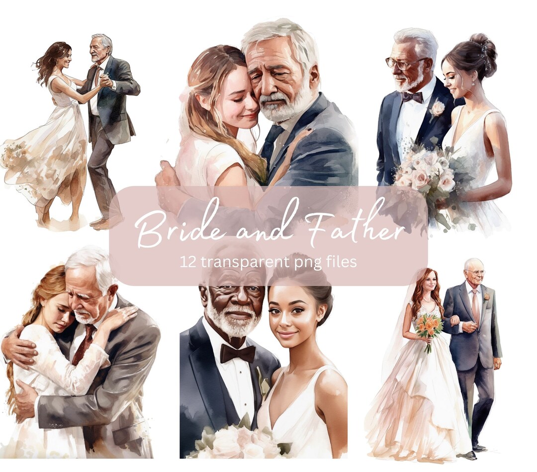 Bride and Father Watercolor Clipart Bundle, Transparent PNG, Wedding ...