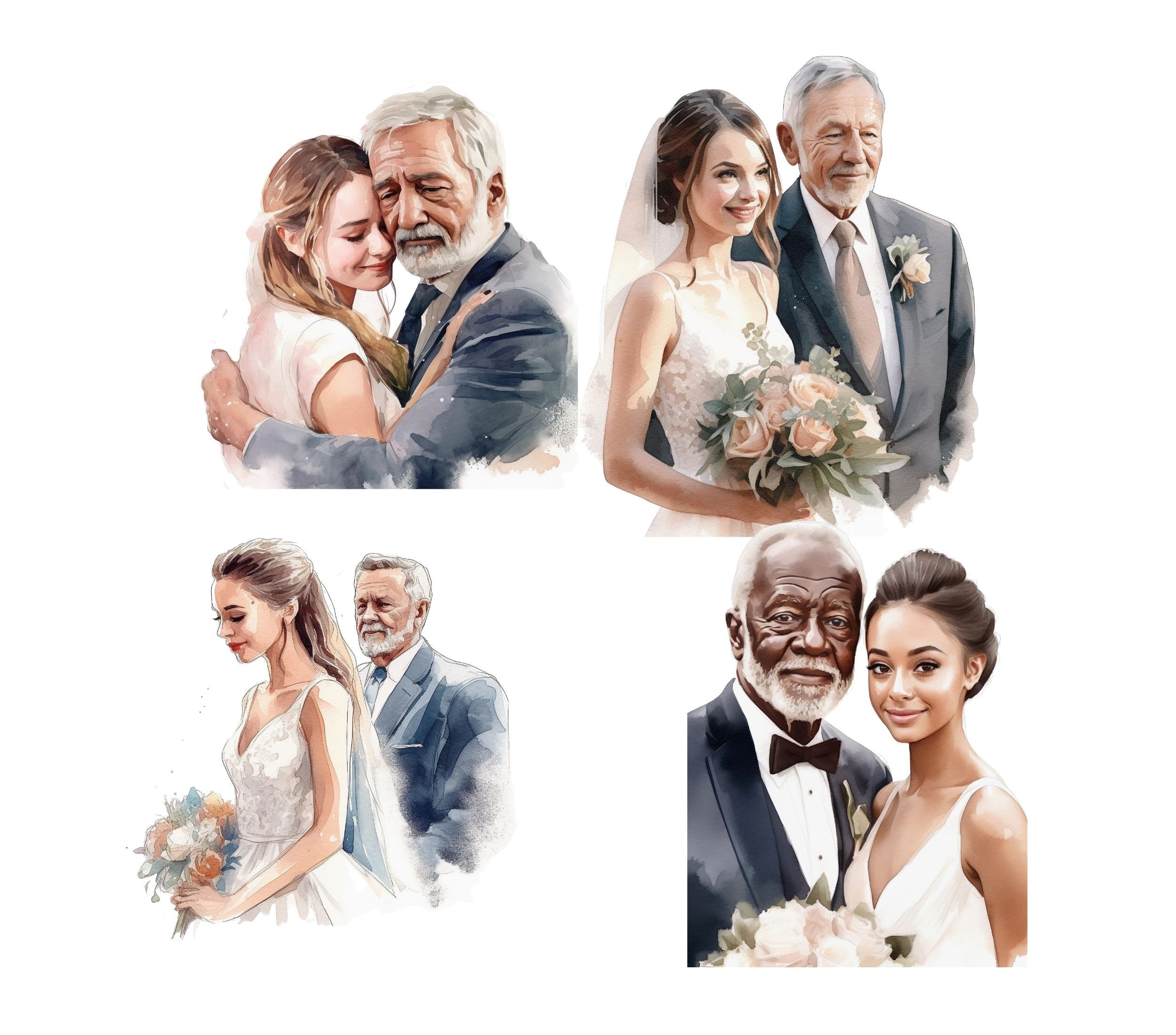 Bride and Father Watercolor Clipart Bundle, Transparent PNG, Wedding ...