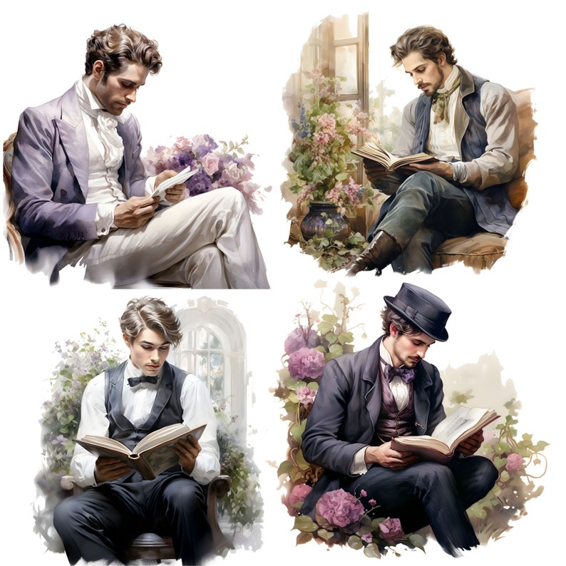 Victorian Man Reading Vintage Watercolor Clipart Bundle,transparent PNG ...