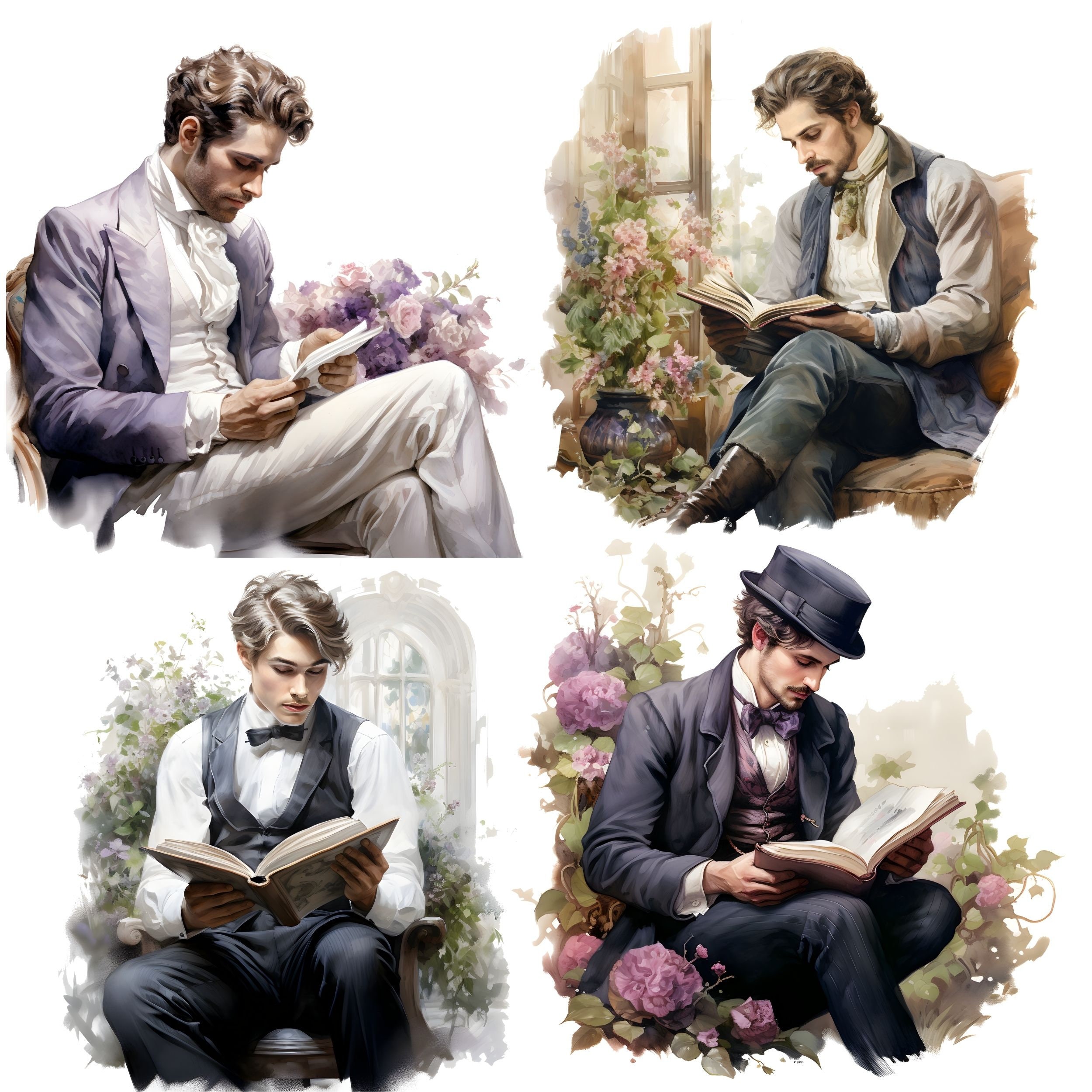 Victorian Man Reading Vintage Watercolor Clipart Bundle,transparent PNG ...