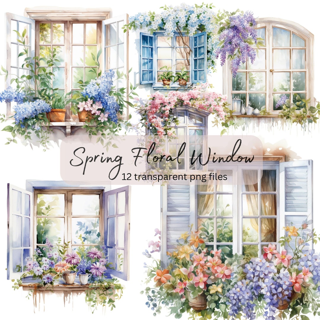 Spring Floral Window Watercolor Clipart Bundle, Transparent PNG ...