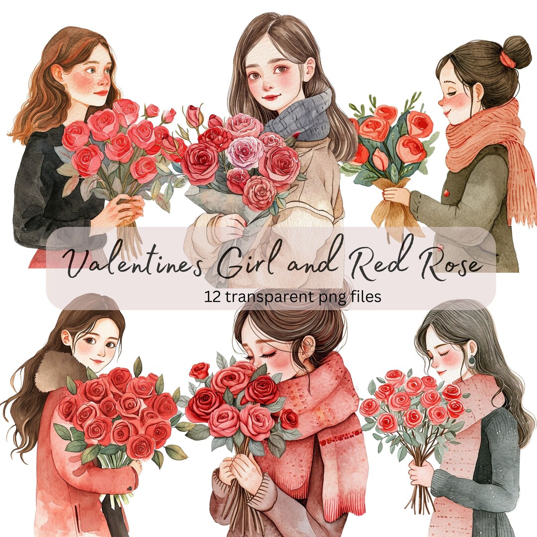 Valentines Girl and Roses Watercolor Clipart Bundle, Transparent PNG ...