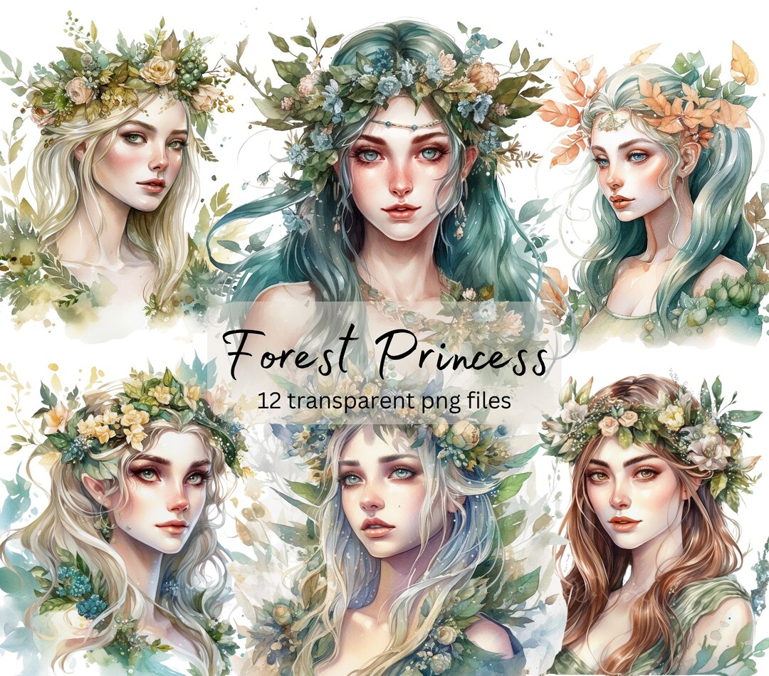 Forest Princess Watercolor Clipart Bundle, Transparent PNG, Pretty ...
