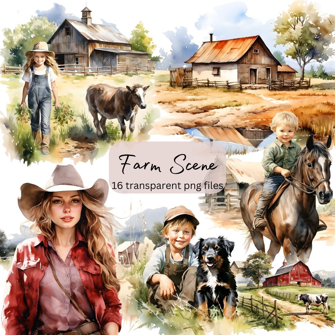 Farm Scene Watercolor Clipart Bundle, Transparent PNG, Country ...