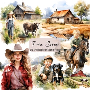 Farm Scene Watercolor Clipart Bundle, Transparent PNG, Country ...