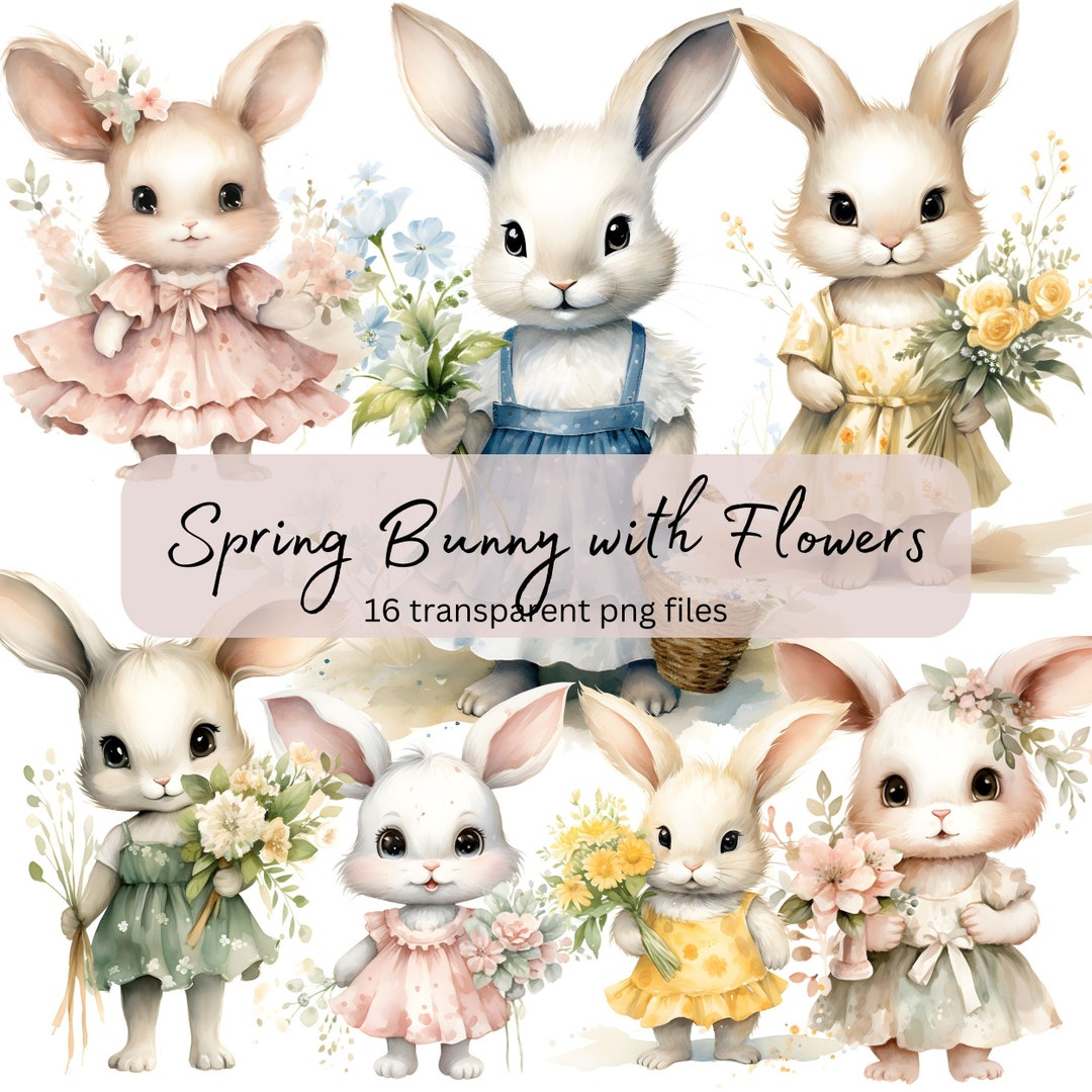 Spring Bunny Watercolor Clipart Bundle, Transparent PNG, Digital ...