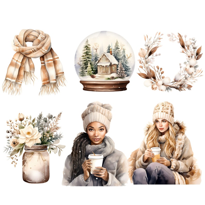 Neutral Cozy Winter Watercolor Clipart, Cottage Core Lifestyle ...