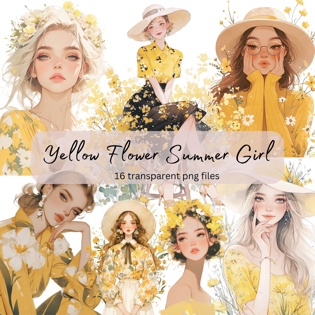 Yellow Flower Girls Watercolor Clipart Bundle, Transparent PNG ...